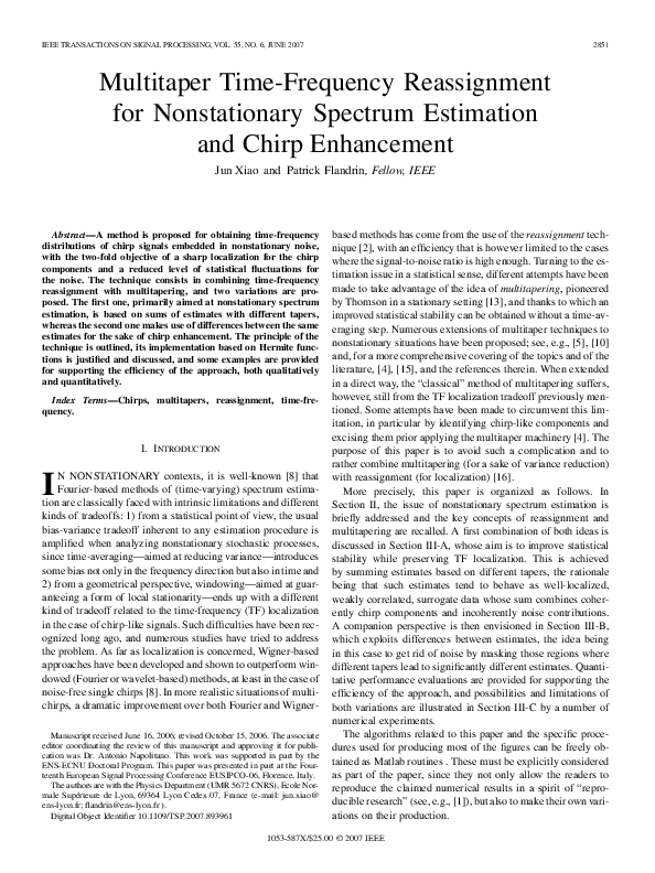 (PDF) Multitaper Time-Frequency Reassignment for Nonstationary Spectrum Estimation and Chirp ...