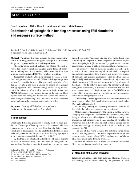 (PDF) Optimisation of springback in bending processes using FEM simulation and response surface ...