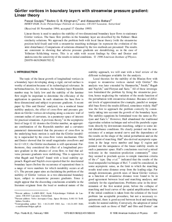 (PDF) Görtler vortices in boundary layers with streamwise pressure gradient: Linear theory