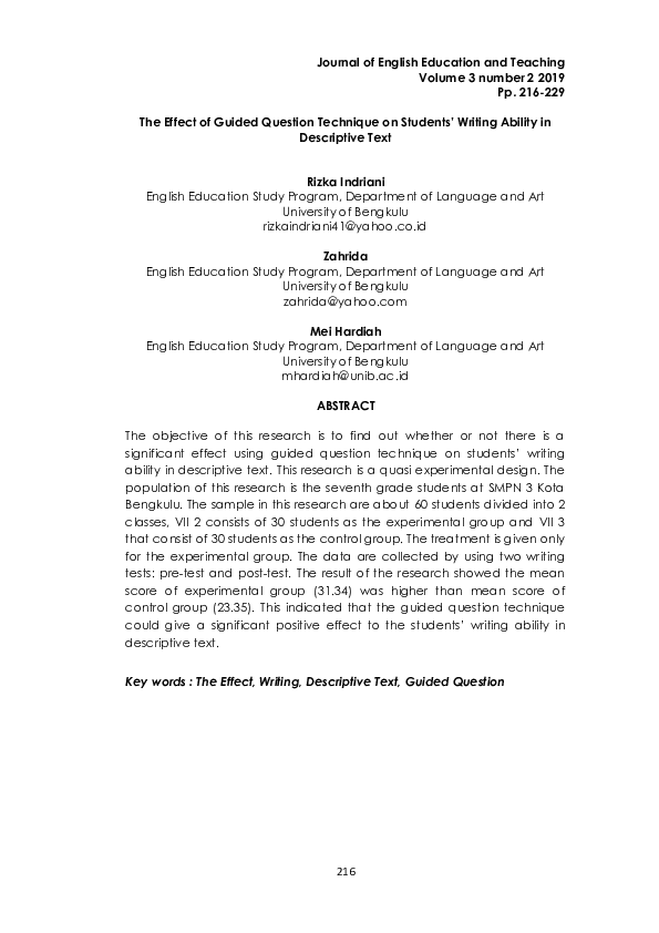 (PDF) The Effect of Guided Question Technique on Students’ Writing Ability in Descriptive Text
