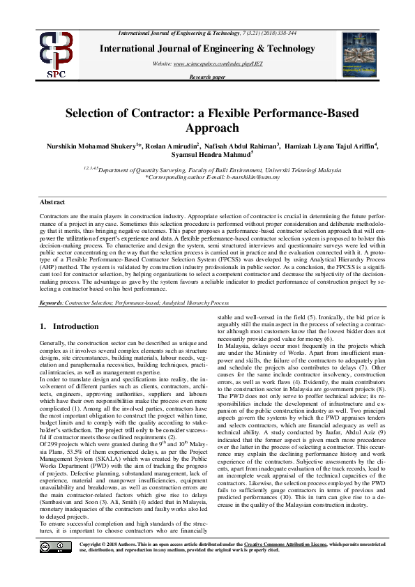 (PDF) Selection of Contractor: a Flexible Performance-Based Approach
