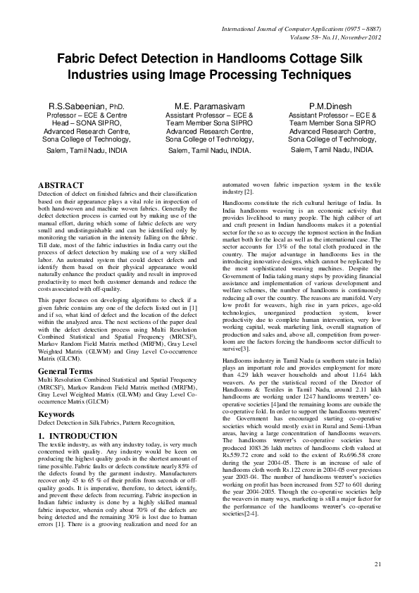 (PDF) Fabric Defect Detection in Handlooms Cottage Silk Industries using Image Processing ...