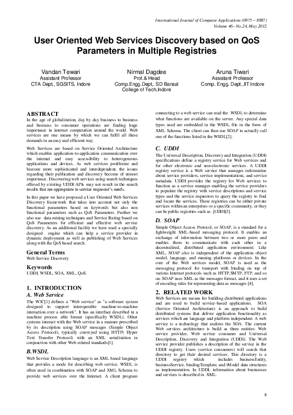 (PDF) User Oriented Web Services Discovery based on QoS Parameters in Multiple Registries ...