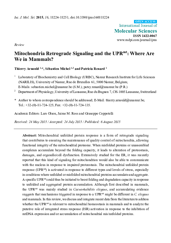 (PDF) Mitochondria Retrograde Signaling and the UPRmt: Where Are We in ...