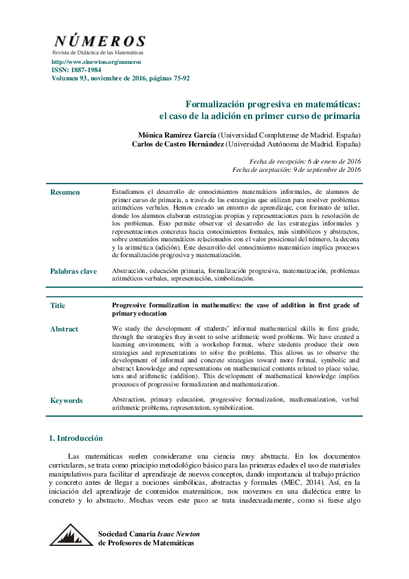 (PDF) Formalización progresiva en matemáticas: el caso de la adición en primer curso de primaria