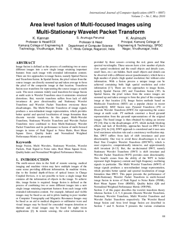 Pdf Area Level Fusion Of Multi Focused Images Using Multi Stationary Wavelet Packet Transform