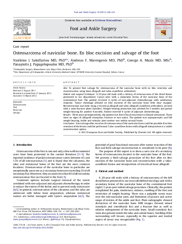 (PDF) Osteosarcoma of navicular bone. En bloc excision and salvage of ...