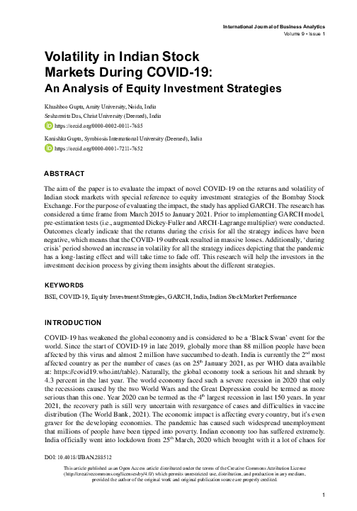 (PDF) Volatility in Indian Stock Markets During COVID-19