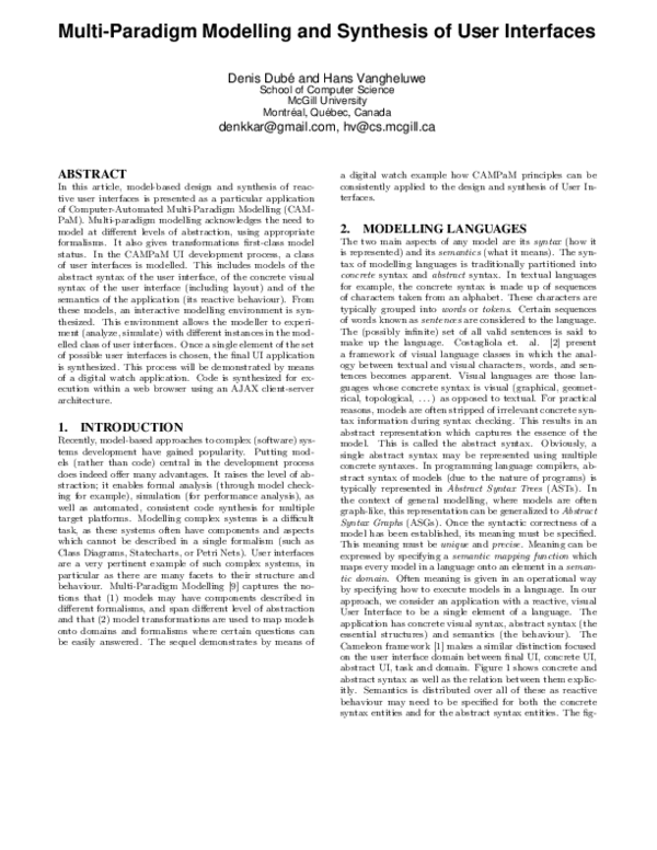 (PDF) Multi-Paradigm Modelling and Synthesis of User Interfaces