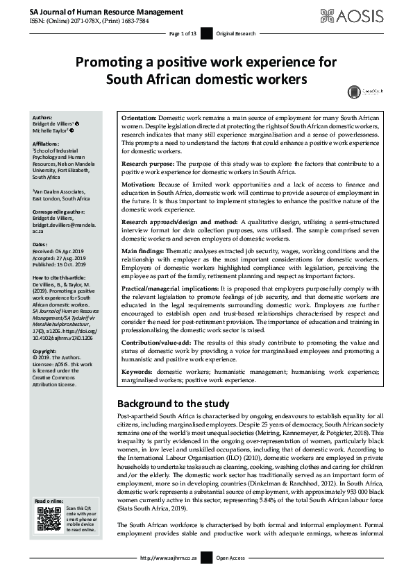 (PDF) Promoting a positive work experience for South African domestic ...