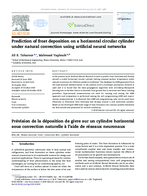 (PDF) Prediction of frost deposition on a horizontal circular cylinder under natural convection ...