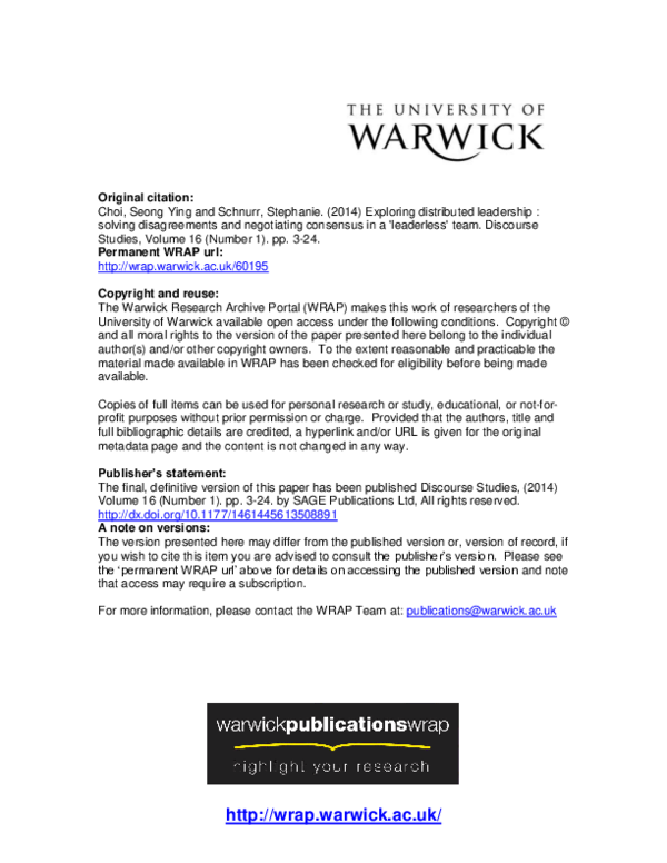 (PDF) Exploring distributed leadership: Solving disagreements and negotiating consensus in a ...