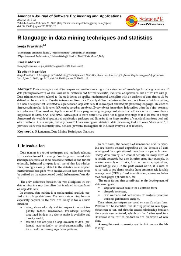 (PDF) R Language in Data Mining Techniques and Statistics
