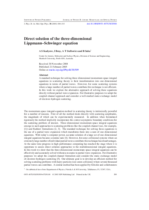 (PDF) Direct solution of the three-dimensional Lippmann–Schwinger equation