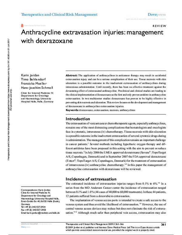(PDF) Anthracycline extravasation injuries: management with dexrazoxane