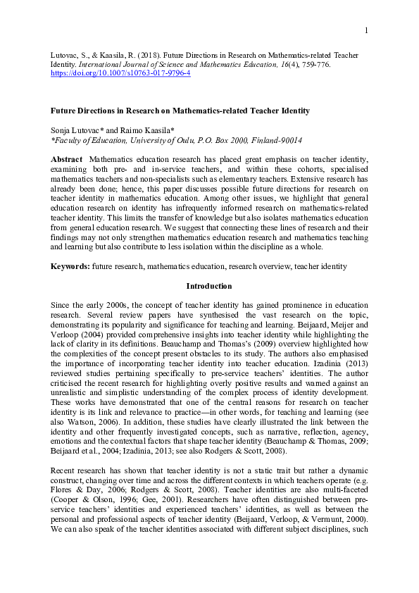 (PDF) Future Directions in Research on Mathematics-Related Teacher Identity