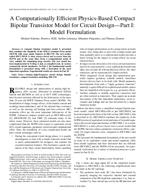 Pdf A Computationally Efficient Physics Based Compact Bipolar Transistor Model For Circuit