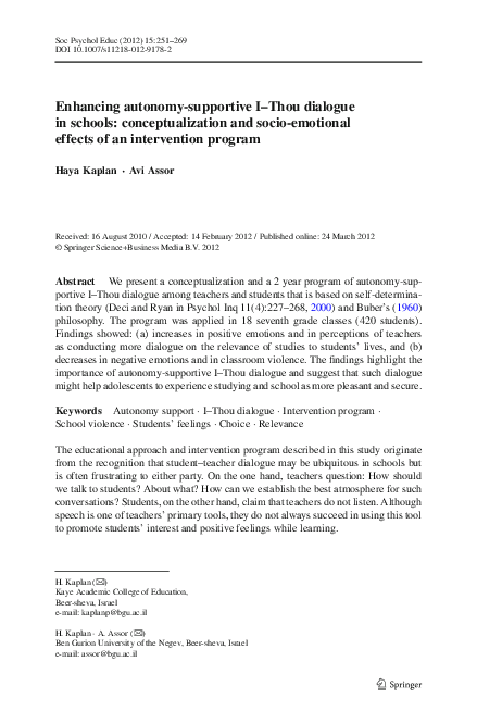 (PDF) Enhancing autonomy-supportive I–Thou dialogue in schools: conceptualization and socio ...