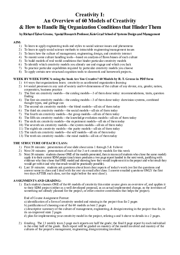 (PDF) Creeativity I: Overview of 60 Models of Creativity
