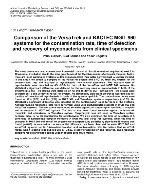 (PDF) Comparison of the VersaTrek and BACTEC MGIT 960 systems for the ...