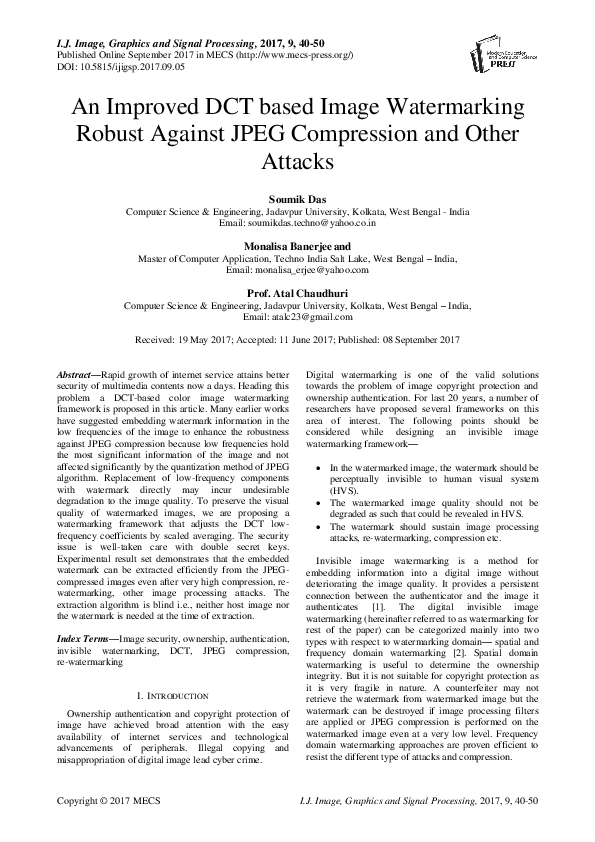 (PDF) An Improved DCT based Image Watermarking Robust Against JPEG Compression and Other Attacks