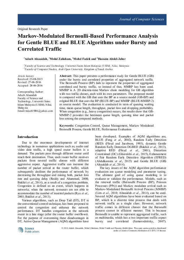 (PDF) Markov-Modulated Bernoulli-Based Performance Analysis for Gentle BLUE and BLUE Algorithms ...