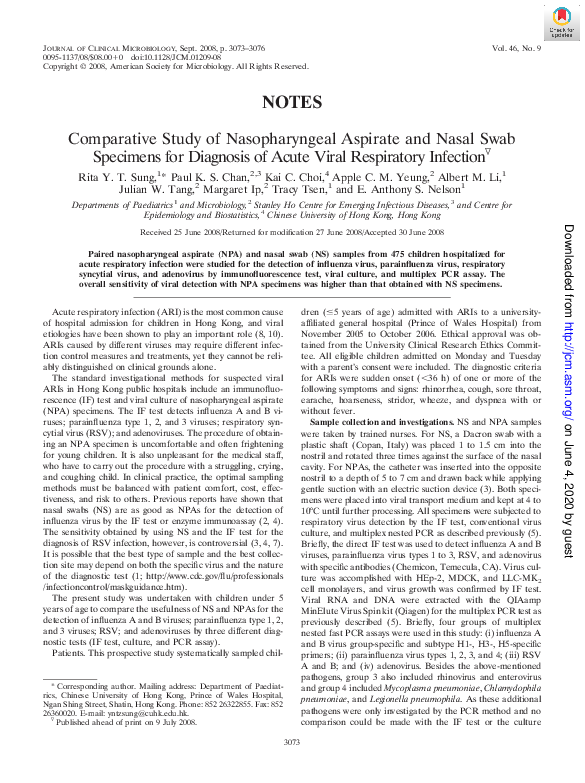 (PDF) Comparative Study of Nasopharyngeal Aspirate and Nasal Swab ...