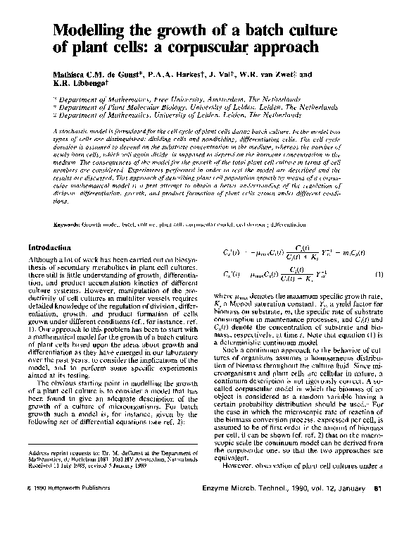 (PDF) Modelling the growth of a batch culture of plant cells: A ...