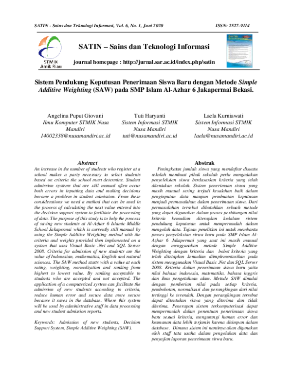 (PDF) Sistem Pendukung Keputusan Penerimaan Siswa Baru dengan Metode Simple Additive Weighting ...
