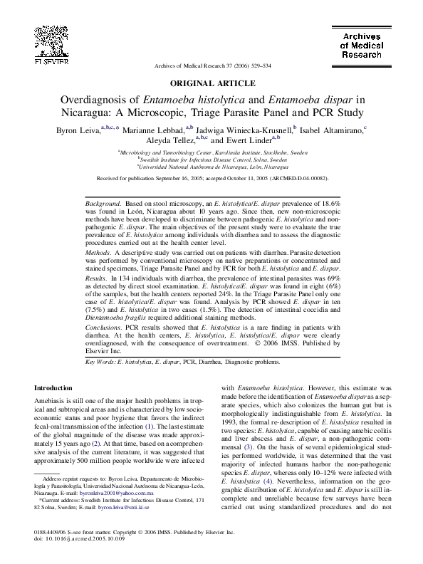 (PDF) Overdiagnosis of Entamoeba histolytica and Entamoeba dispar in ...