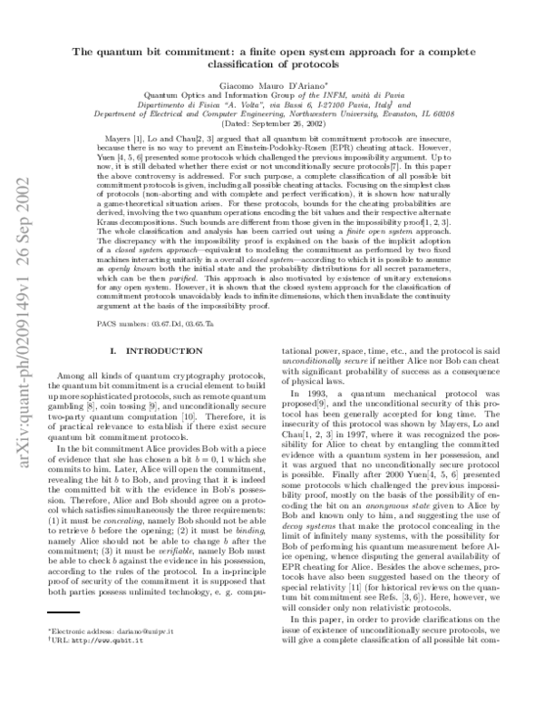 Pdf The Quantum Bit Commitment A Finite Open System Approach For A Complete Classification Of