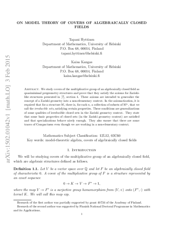 (PDF) On model theory of covers of algebraically closed fields