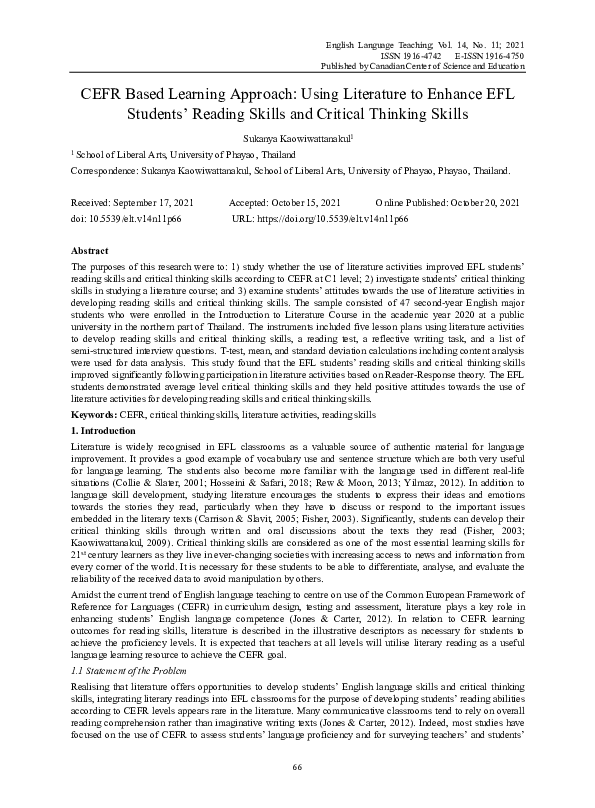 (PDF) CEFR Based Learning Approach: Using Literature to Enhance EFL Students' Reading Skills and ...