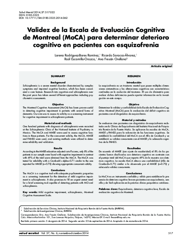 (PDF) Validez de la Escala de Evaluación Cognitiva de Montreal (MoCA ...