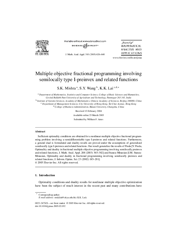 Pdf Multiple Objective Fractional Programming Involving Semilocally Type I Preinvex And