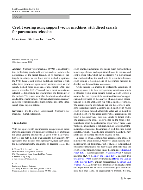 Pdf Credit Scoring Using Support Vector Machines With Direct Search For Parameters Selection