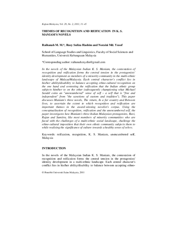 (PDF) Themes of recognition and reification in KS Maniam's Novels