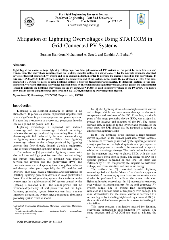 (PDF) Mitigation of Lightning Overvoltages Using STATCOM in Grid-Connected PV Systems