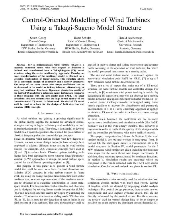 Pdf Control Oriented Modelling Of Wind Turbines Using A Takagi Sugeno Model Structure
