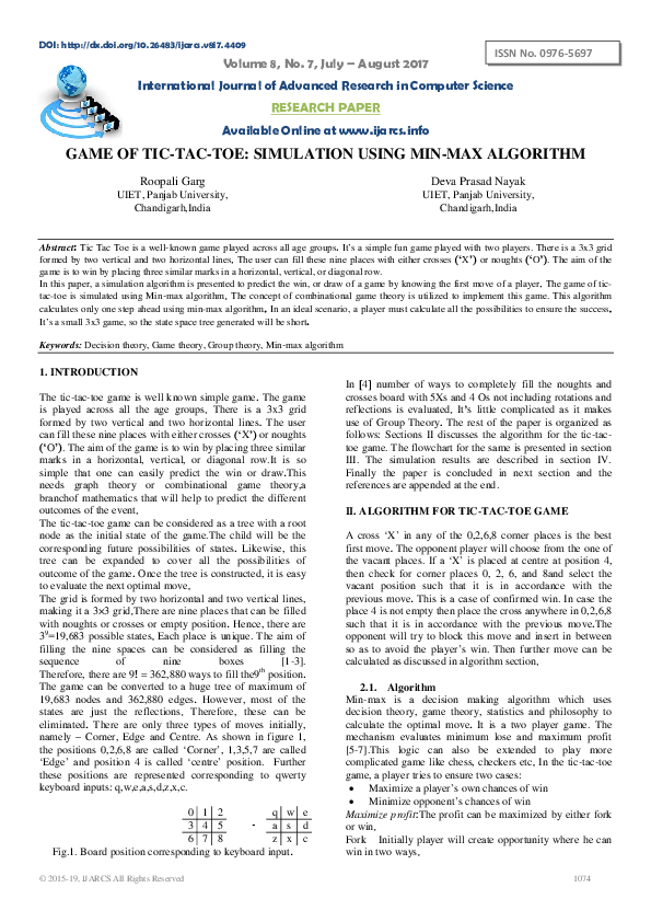 (PDF) Game of Tic-Tac-Toe: Simulation Using Min-Max Algorithm
