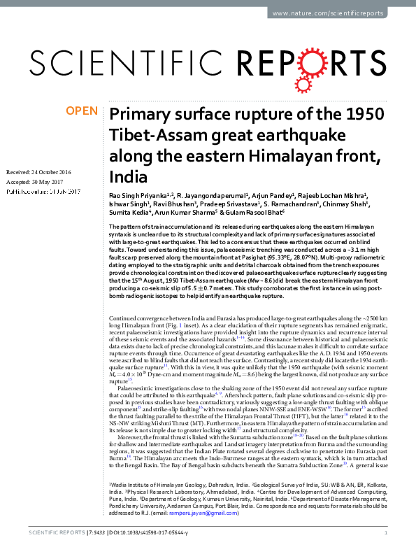 (PDF) Primary surface rupture of the 1950 Tibet-Assam great earthquake ...
