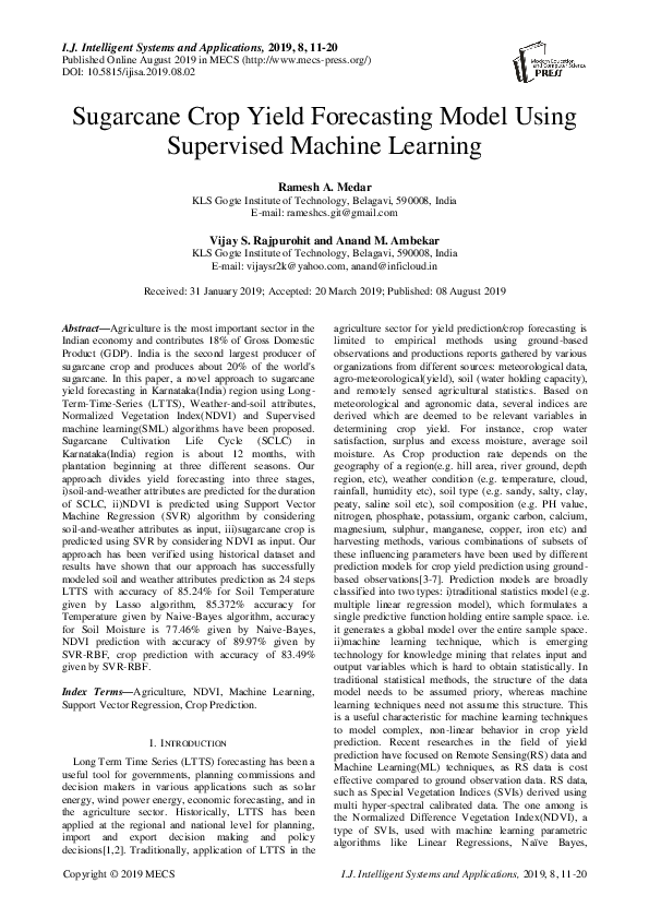 Pdf Sugarcane Crop Yield Forecasting Model Using Supervised Machine