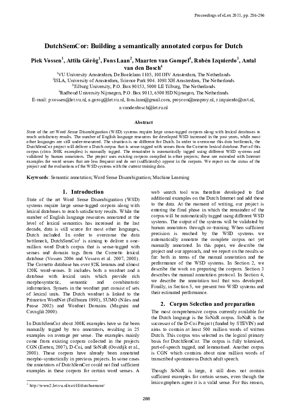 (PDF) DutchSemCor: building a semantically annotated corpus for Dutch