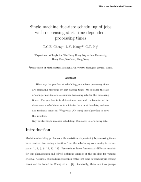 Pdf Single Machine Due Date Scheduling Of Jobs With Decreasing Start Time Dependent Processing
