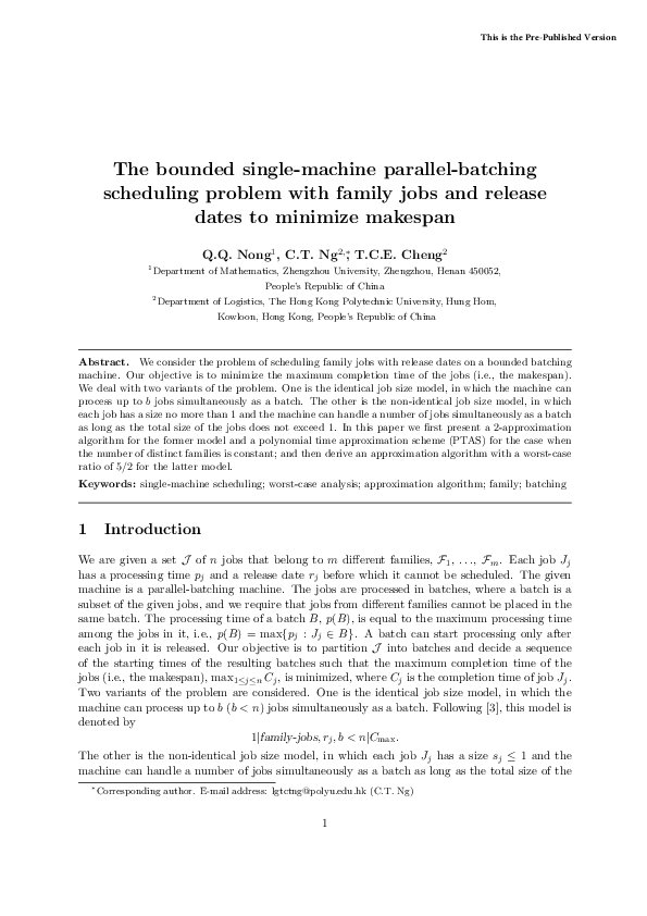 (PDF) The bounded single-machine parallel-batching scheduling problem with family jobs and ...