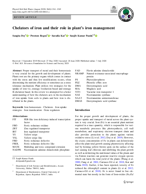 (PDF) Role of Iron Chelators in Plant Iron Uptake and Distribution