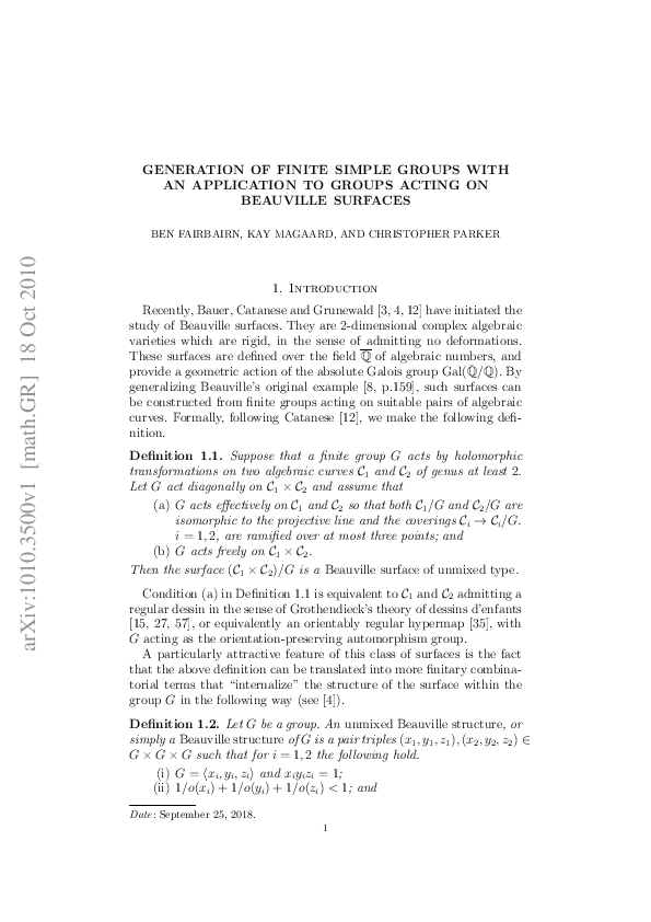 (PDF) Generation of Finite Simple Groups With An Application to Groups Acting on Beauville Surfaces