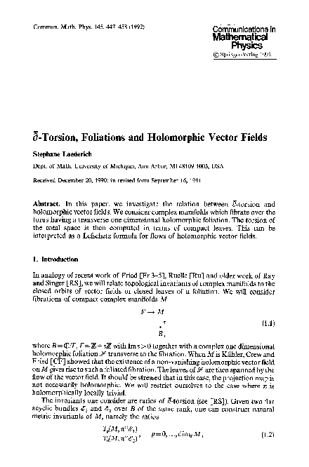 (PDF) Torsion, foliations and holomorphic vector fields | Stephane Laederich - Academia.edu