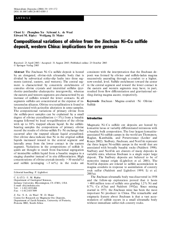 (PDF) Compositional variations of olivine from the Jinchuan Ni?Cu ...