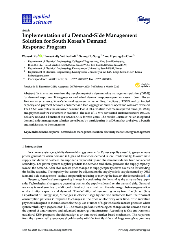 (PDF) Implementation of a Demand-Side Management Solution for South Korea’s Demand Response Program